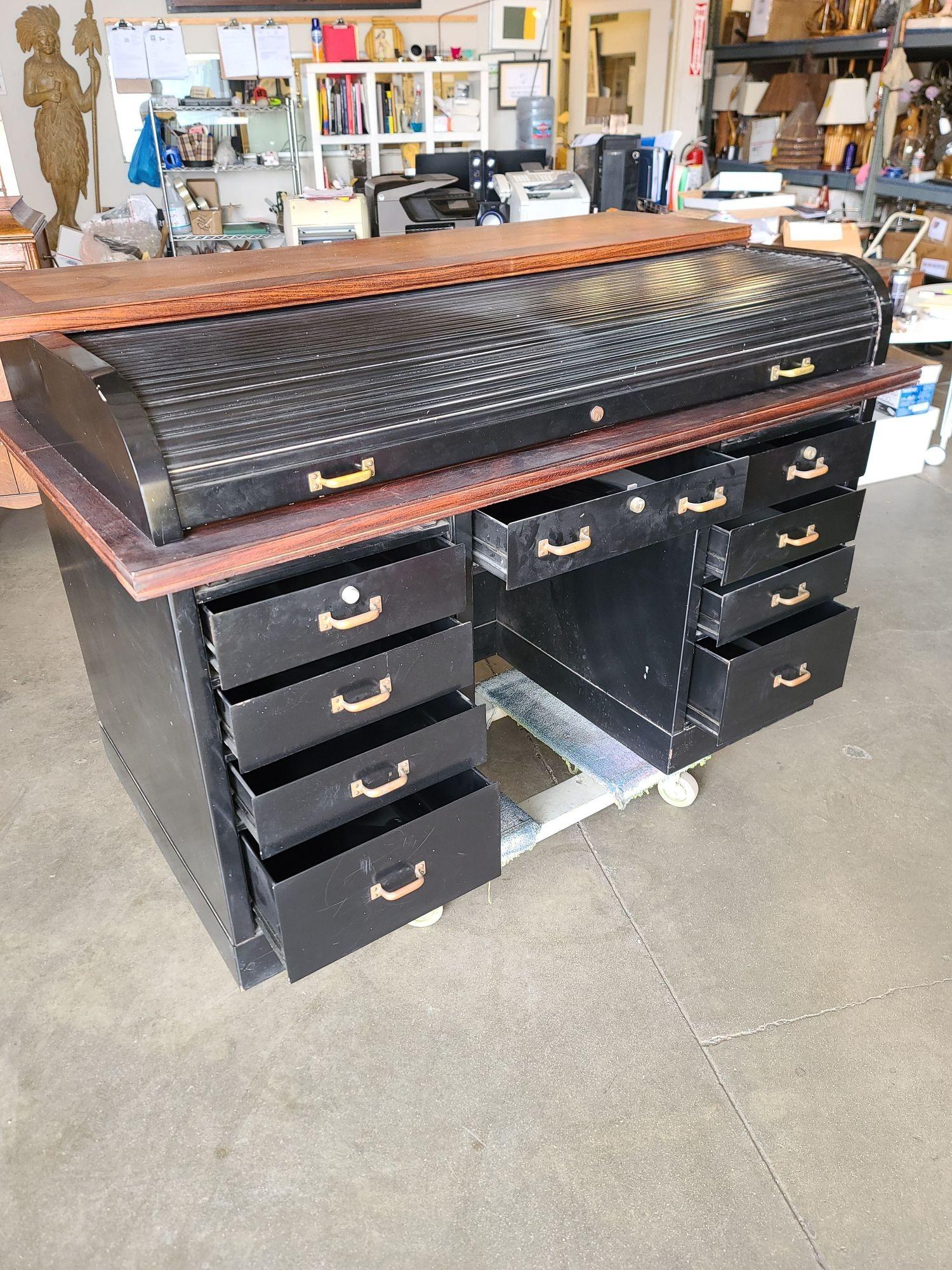 Large Roll Top Metal Tanker Desk w/ Brass Detailing For Sale at 1stDibs