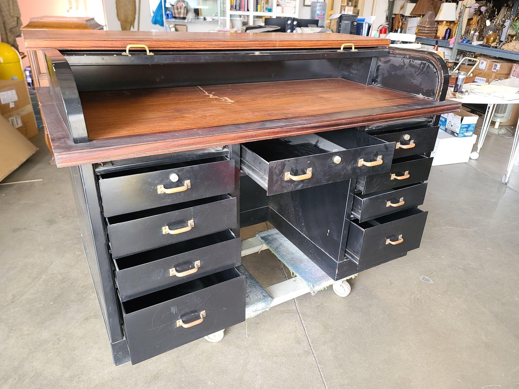 Large Roll Top Metal Tanker Desk w/ Brass Detailing For Sale at 1stDibs