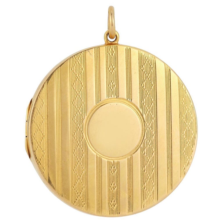 Large Round 15k Yellow Gold Engine Turned Medallion Disc Locket For ...