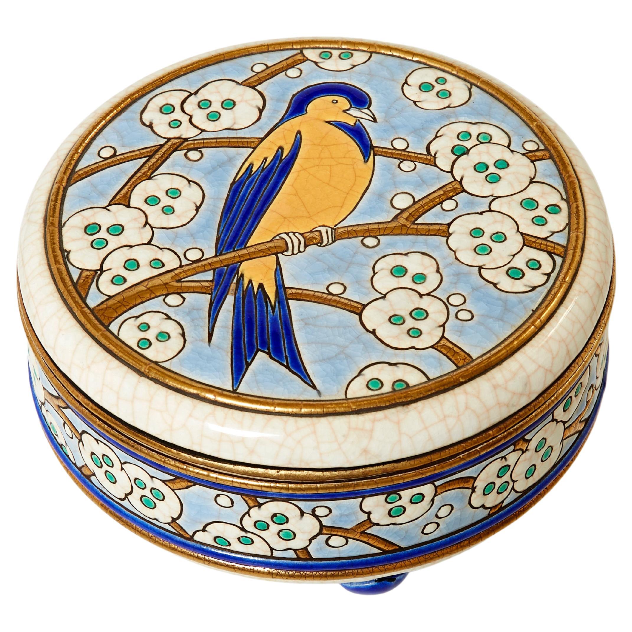 Large Round Bird Art Deco Box Emaux de Longwy, 1940 For Sale at 1stDibs