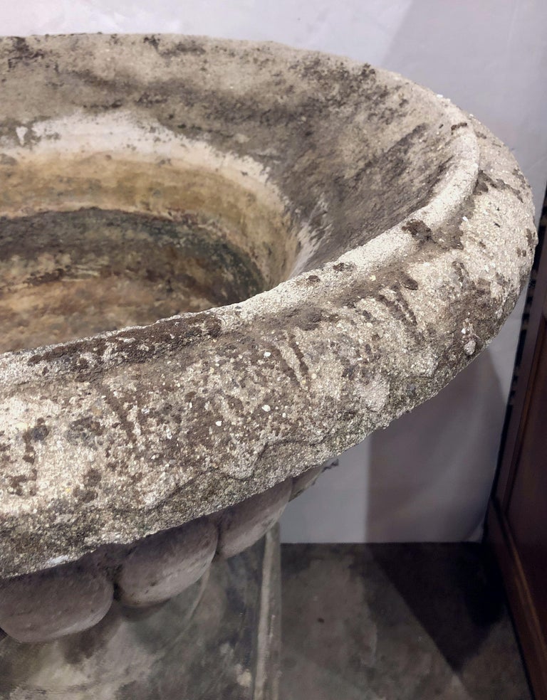 Large Round English Garden Stone Planter or Urn on Square Plinth at 1stDibs