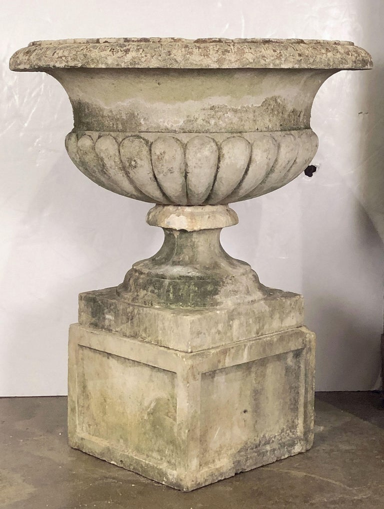 Large Round English Garden Stone Planter or Urn on Square Plinth at 1stDibs