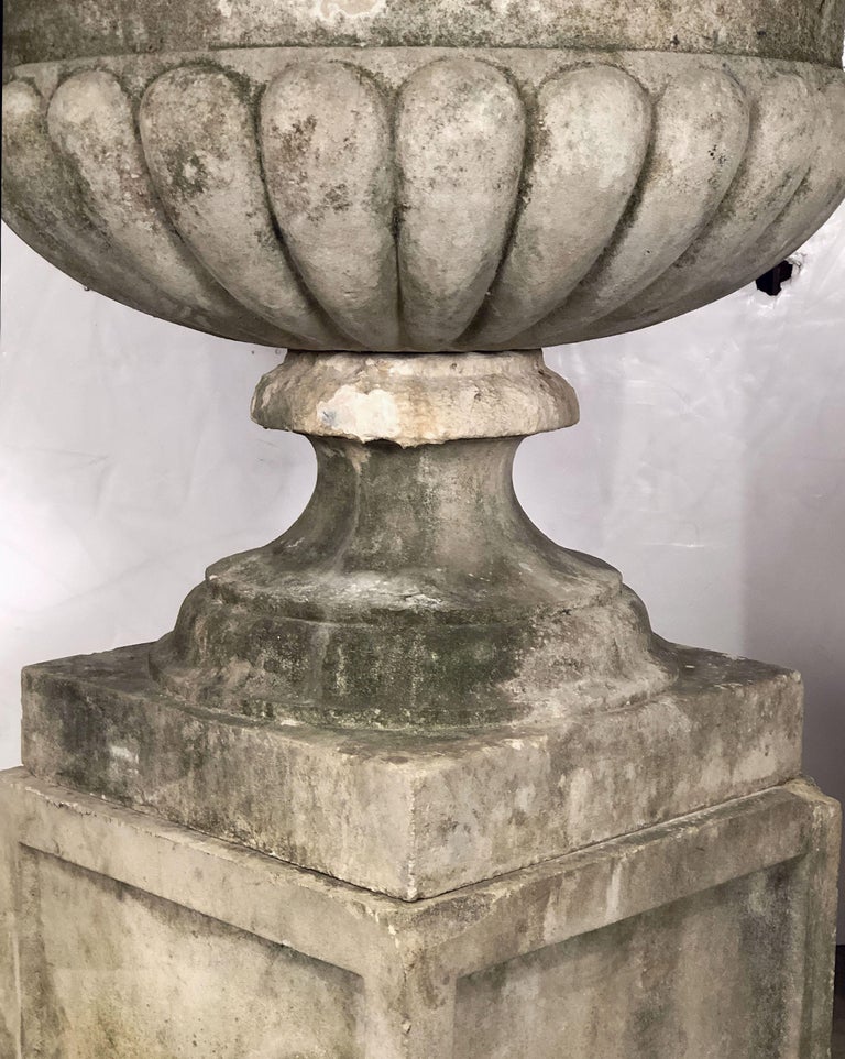 Large Round English Garden Stone Planter or Urn on Square Plinth at 1stDibs