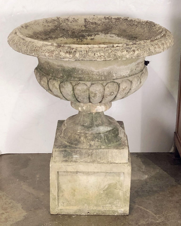 Large Round English Garden Stone Planter or Urn on Square Plinth at 1stDibs