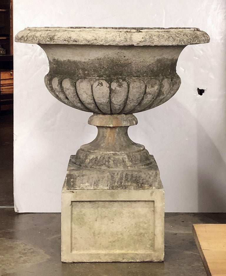 Large Round English Garden Stone Planter or Urn on Square Plinth at 1stDibs