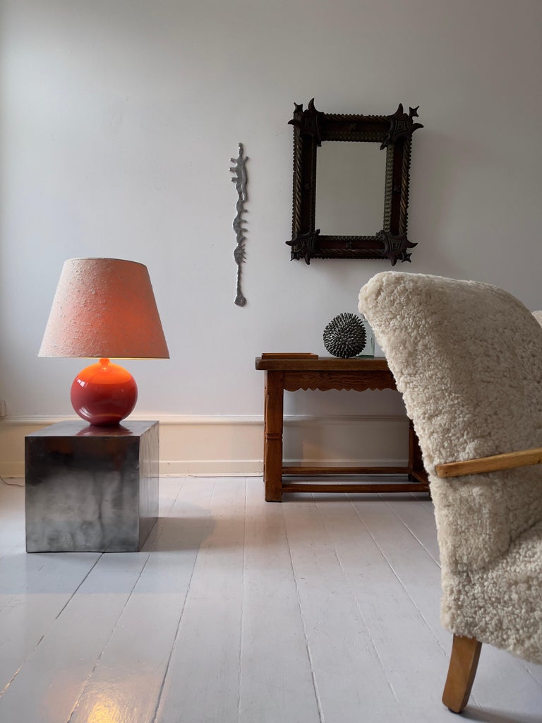 Large Round French Ceramic Table Lamp in in Rose Red Glaze at 1stDibs