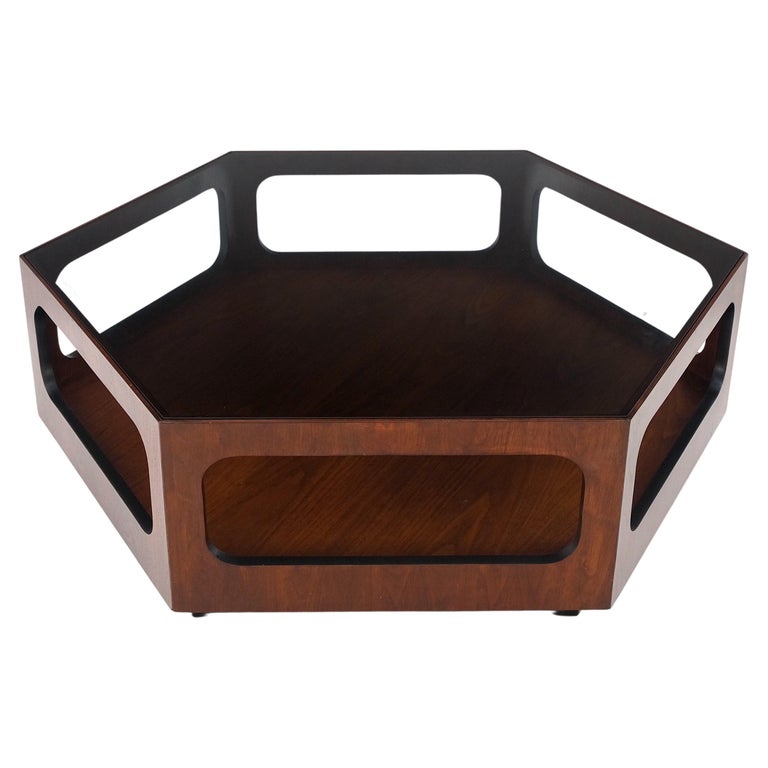 Large Round Hexagon Shape Smoked Glass Top Oiled Walnut Coffee Table ...