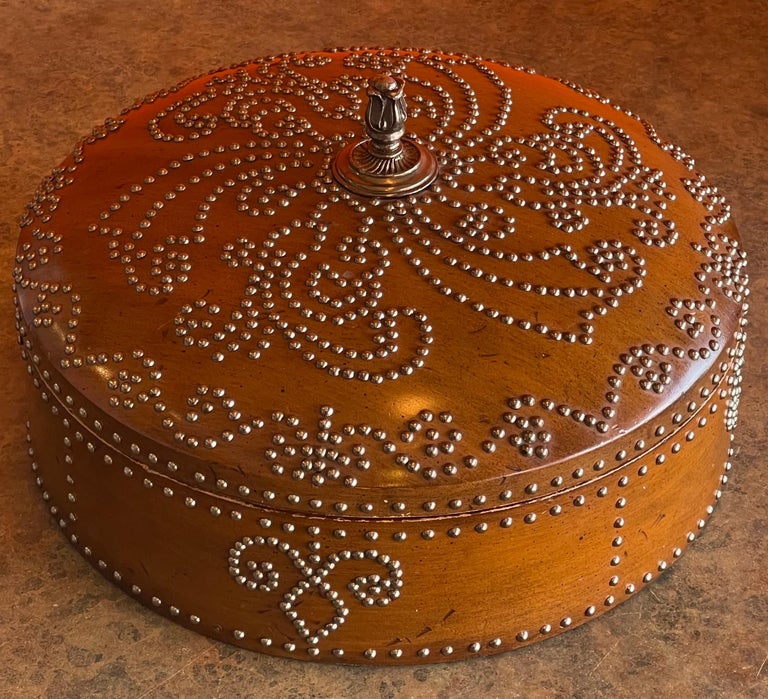 Large Round Lidded Wood Box with Metal Studs by Maitland Smith For Sale ...