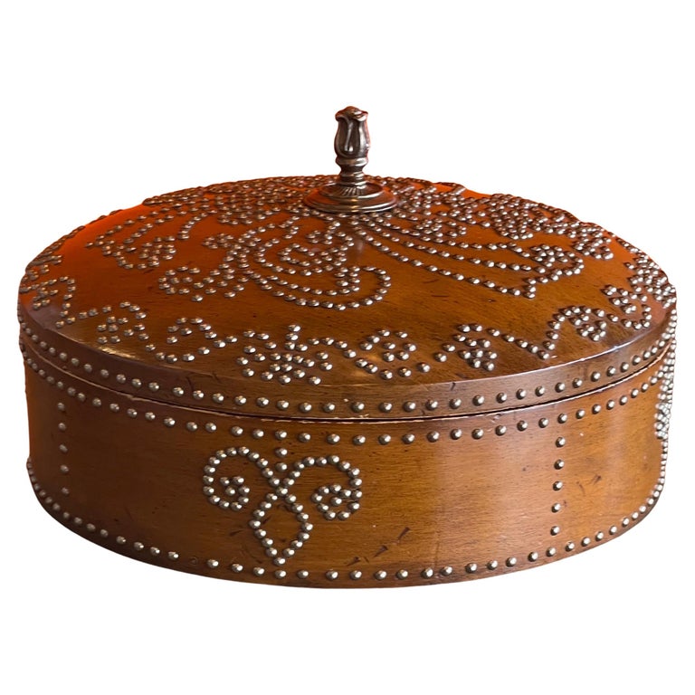 Large Round Lidded Wood Box with Metal Studs by Maitland Smith For Sale ...