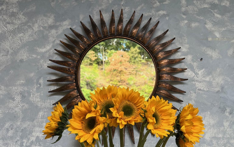 Large Round Mid-Century Modern Copper Plated Sunburst Mirror For Sale ...