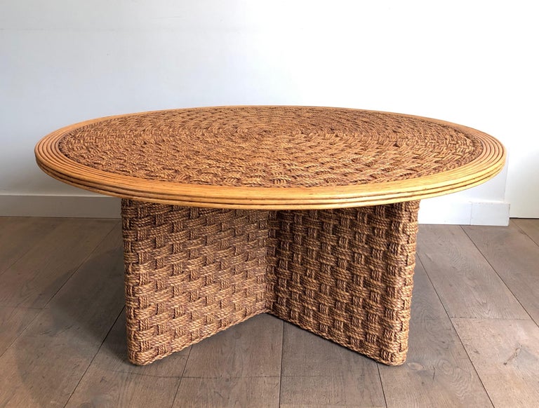 Large Round Rope and Wood Coffee Table in the Style of Audoux Minet ...