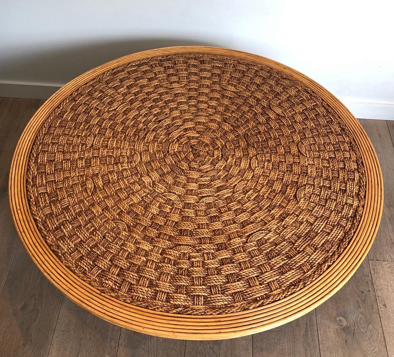 Large Round Rope and Wood Coffee Table in the Style of Audoux Minet ...