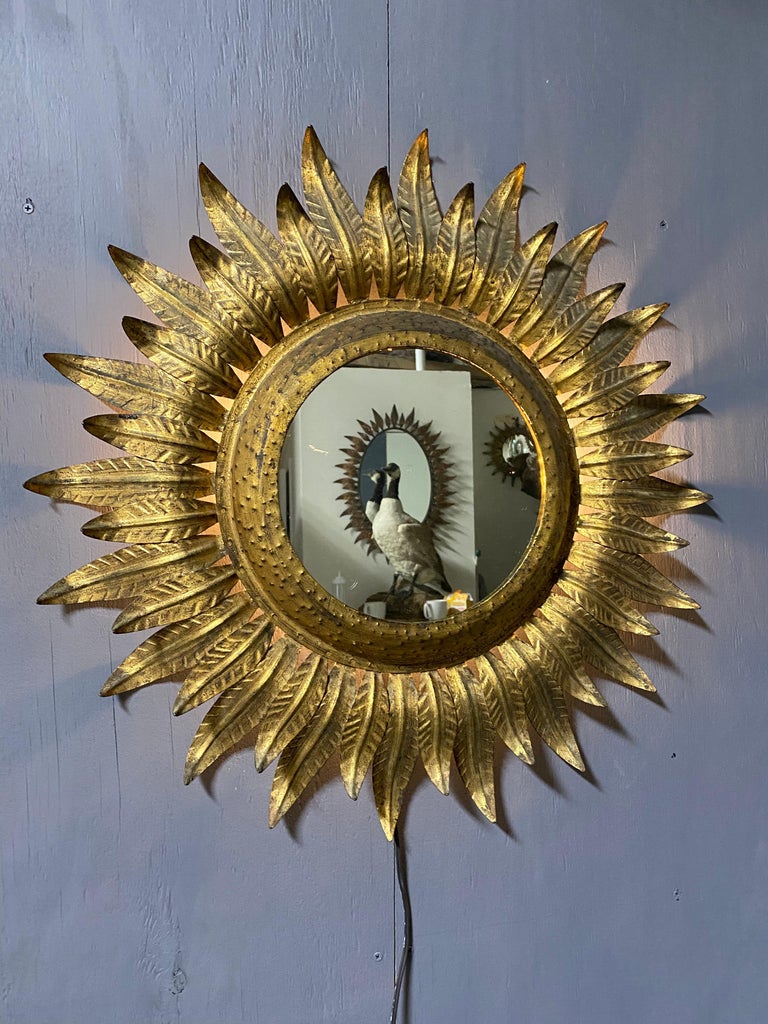 Large Round Spanish Gilt Metal Sunburst Mirror with Back Light For Sale ...