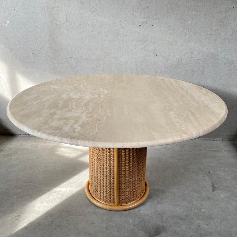 Large Round Travertine Dining Table with Rattan Base, Italy, 1970 For ...