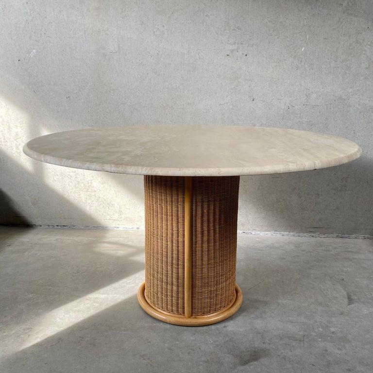 Large Round Travertine Dining Table with Rattan Base, Italy, 1970 For ...