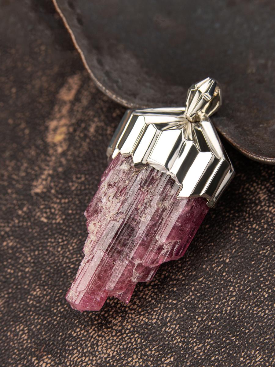 Large Rubellite Tourmaline Crysral Raw Silver Pendant For Sale at ...