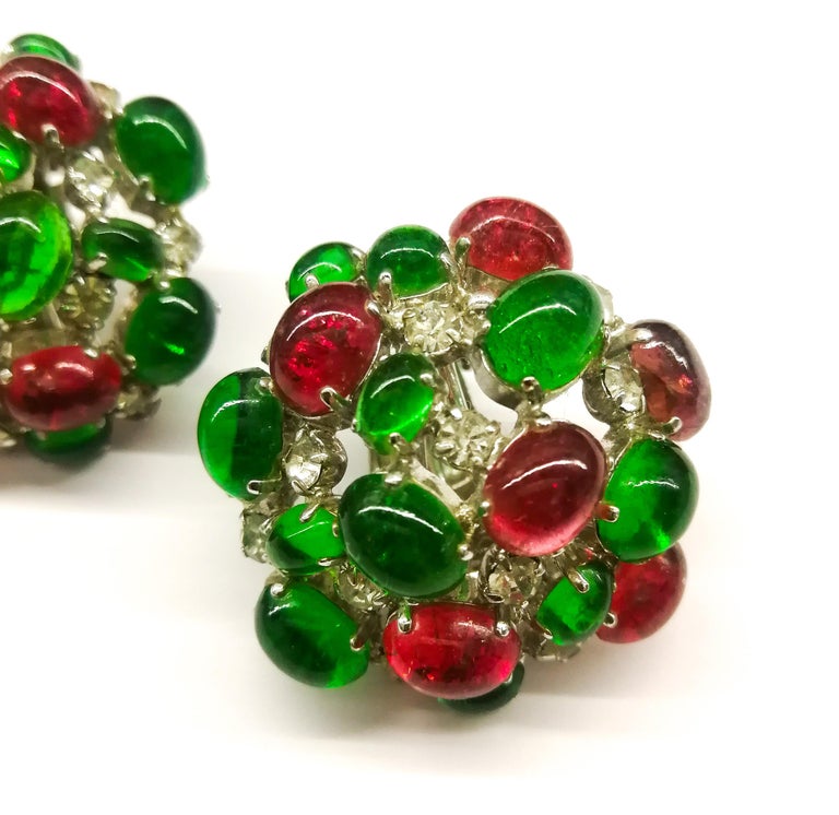 Large ruby and emerald paste cabuchon 'cluster' earrings, Christian ...
