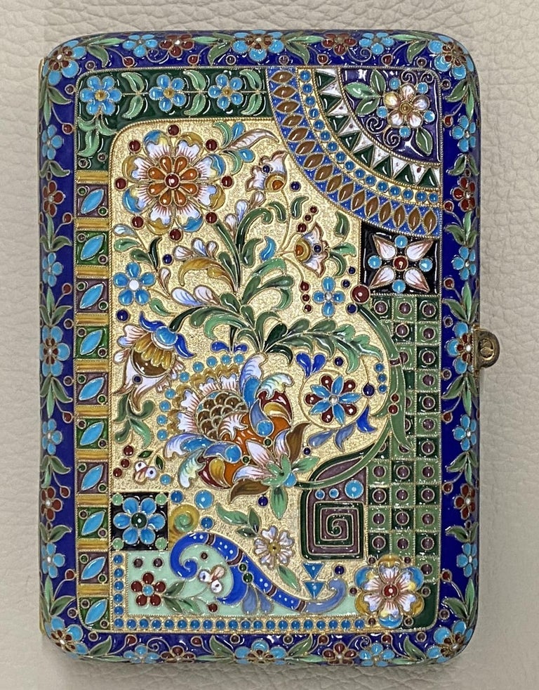 Large Russian Silver 84 Gold Gilt Cloisonné Enamel Cigarette Case 324 ...