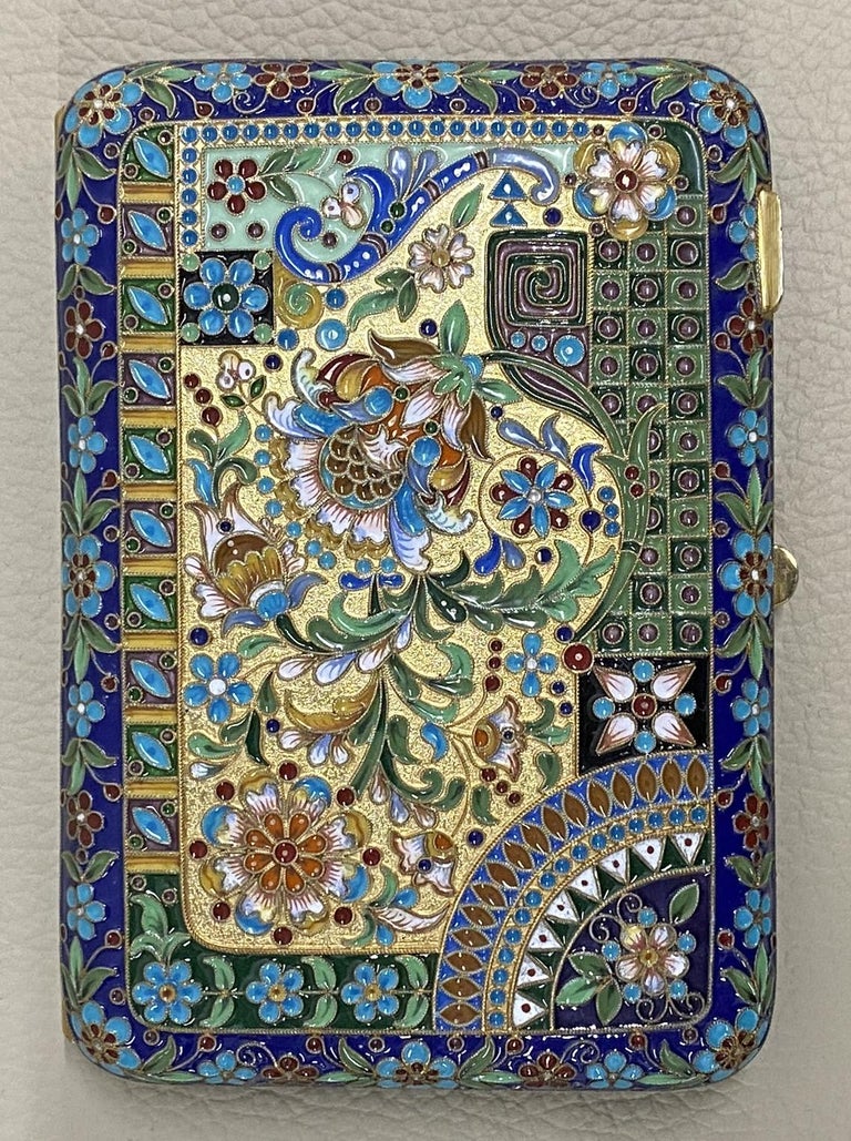 Large Russian Silver 84 Gold Gilt Cloisonné Enamel Cigarette Case 324 ...