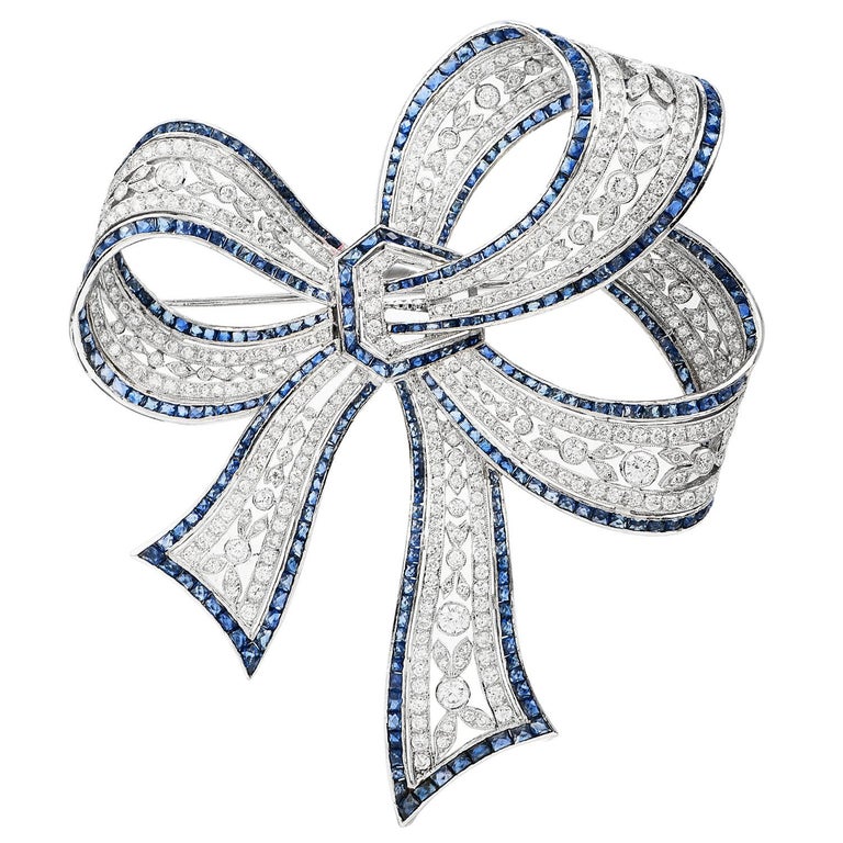 Large Sapphire Diamond Platinum Elegant Ribbon Pin Brooch at 1stDibs