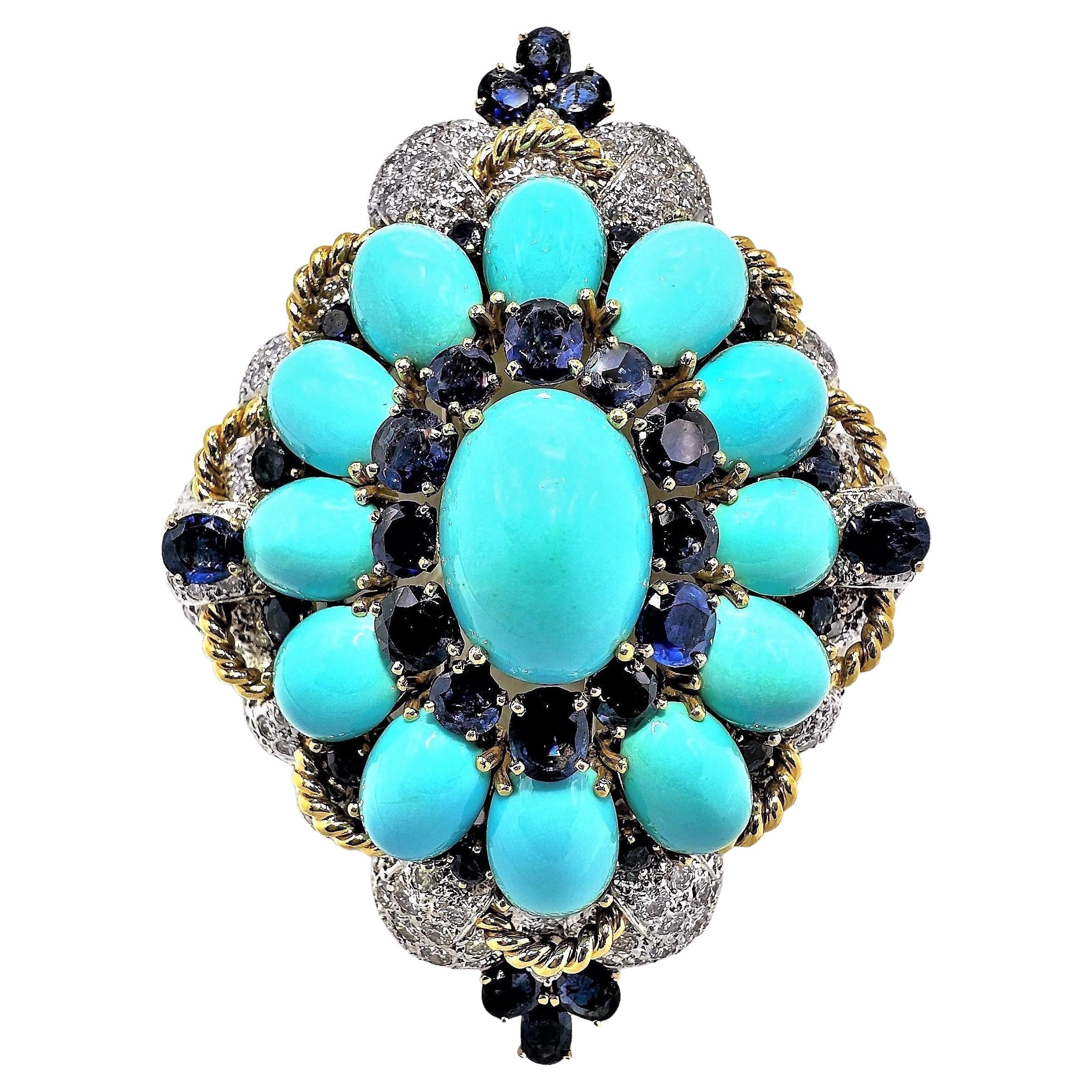 Large Scale 18K Gold, Turquoise, Sapphire and Diamond Pendant/Brooch 3 ...