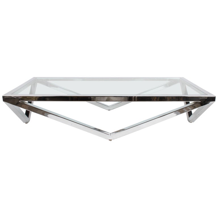 Large Scale 1960s Architectural Form Chrome and Glass Coffee Table For ...