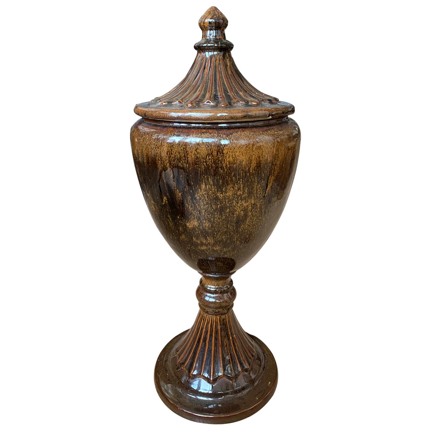 Large Scale 19th-20th Century Bronze Glazed Ceramic Pottery Lidded Urn ...