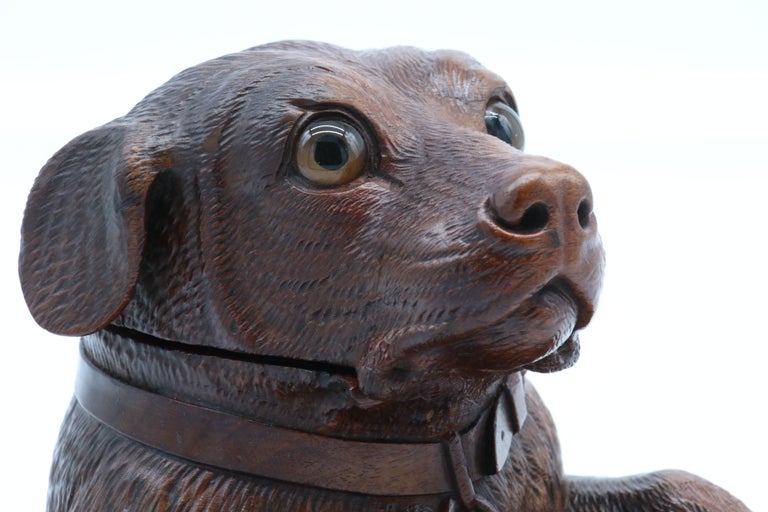 large scale 19th century carved walnut Black Forest dog tobacco box ...