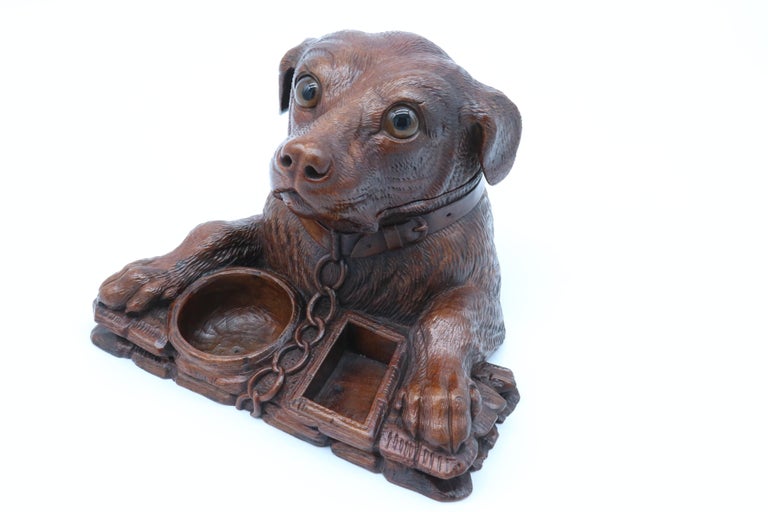 large scale 19th century carved walnut Black Forest dog tobacco box ...