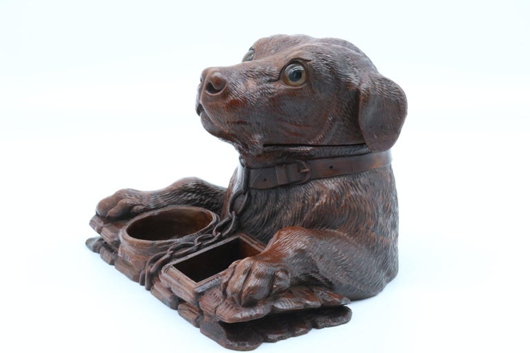large scale 19th century carved walnut Black Forest dog tobacco box ...