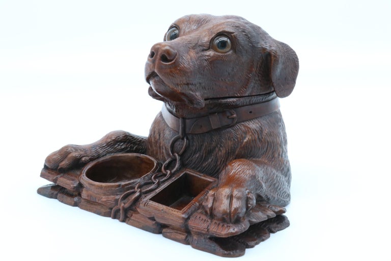 large scale 19th century carved walnut Black Forest dog tobacco box ...