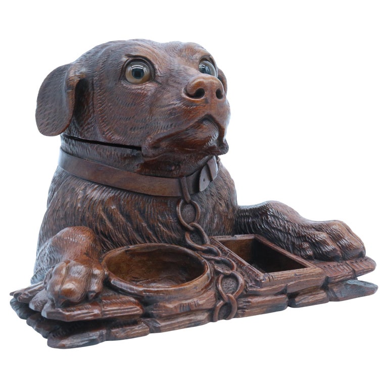 large scale 19th century carved walnut Black Forest dog tobacco box ...