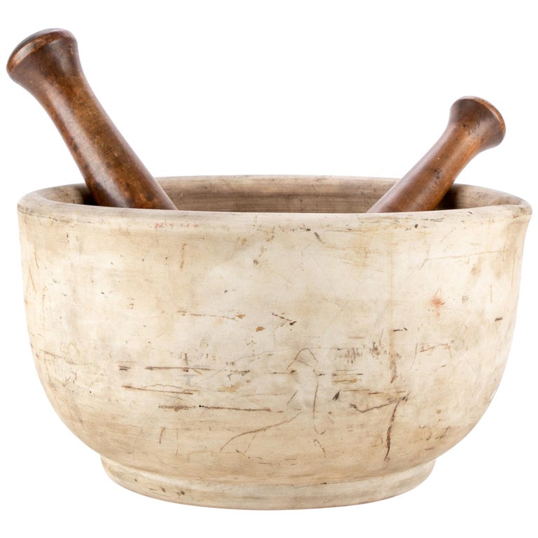 Large Scale Antique Heavy Ceramic Mortar and Two Pestles at 1stDibs
