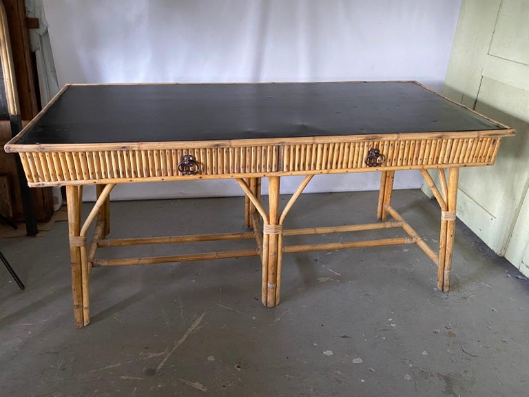 Large Scale Bamboo Desk with Black Leather Top For Sale at 1stDibs ...