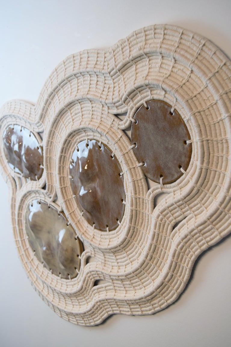 Large Scale Ceramic and Fiber Wall Sculpture, Gray Glaze and Woven ...