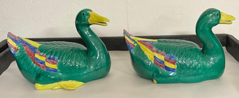 Large Scale Chinese Export Style Hand Painted Ceramic Ducks, Pair For ...