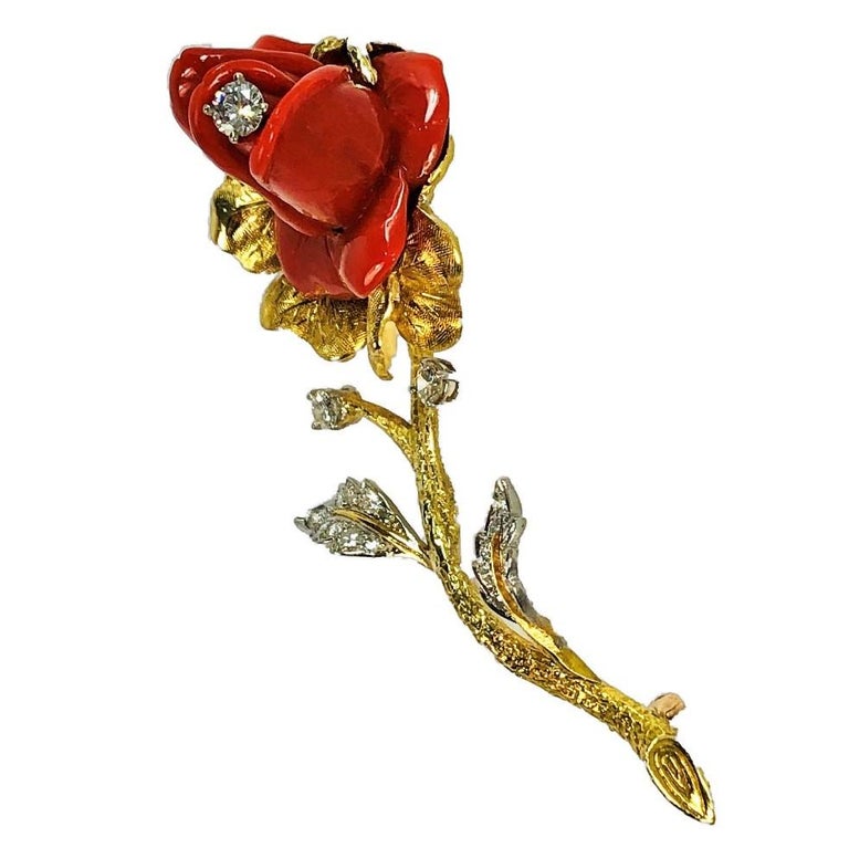 Large Scale Gold and Carved Coral Single Stem Rose Brooch with Diamonds ...