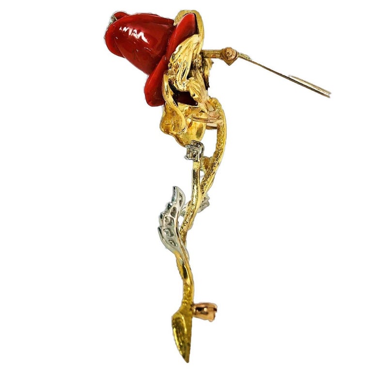 Large Scale Gold and Carved Coral Single Stem Rose Brooch with Diamonds ...