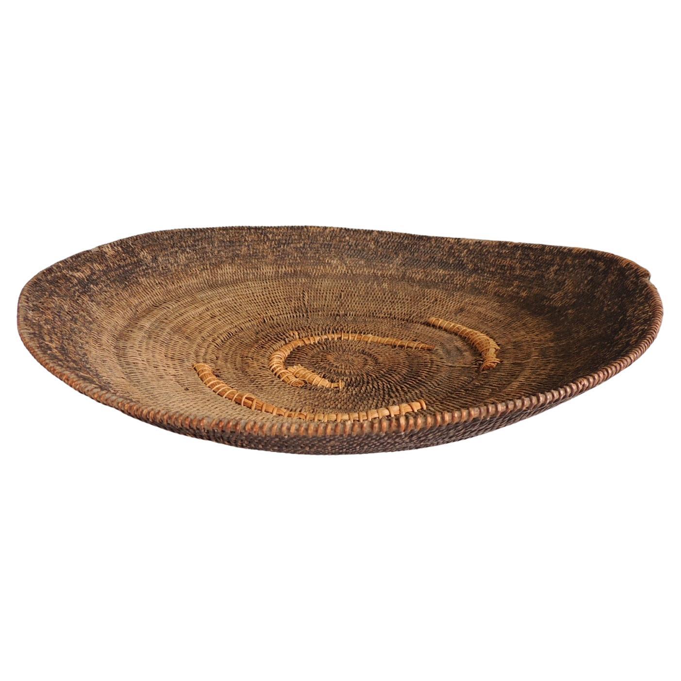 Large Tribal Round Woven Basket in Natural and Brown with Braided Rim ...