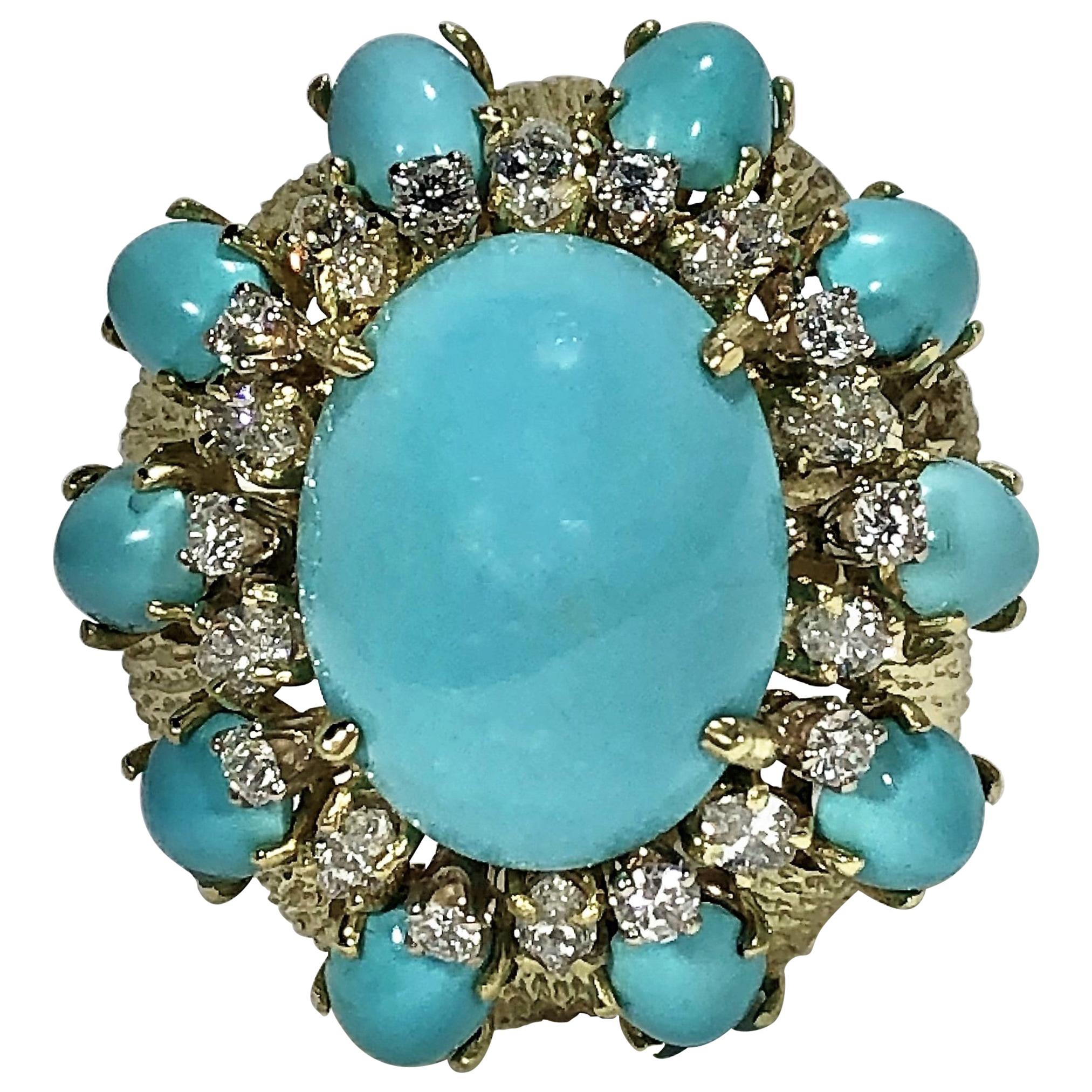 Large Turquoise Stone in Diamond Surround and Gold Ring Presented by ...