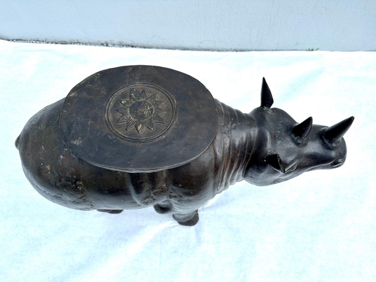 Large Scale Vintage Bronze Rhino Sculpture/ Side-Table For Sale at 1stDibs