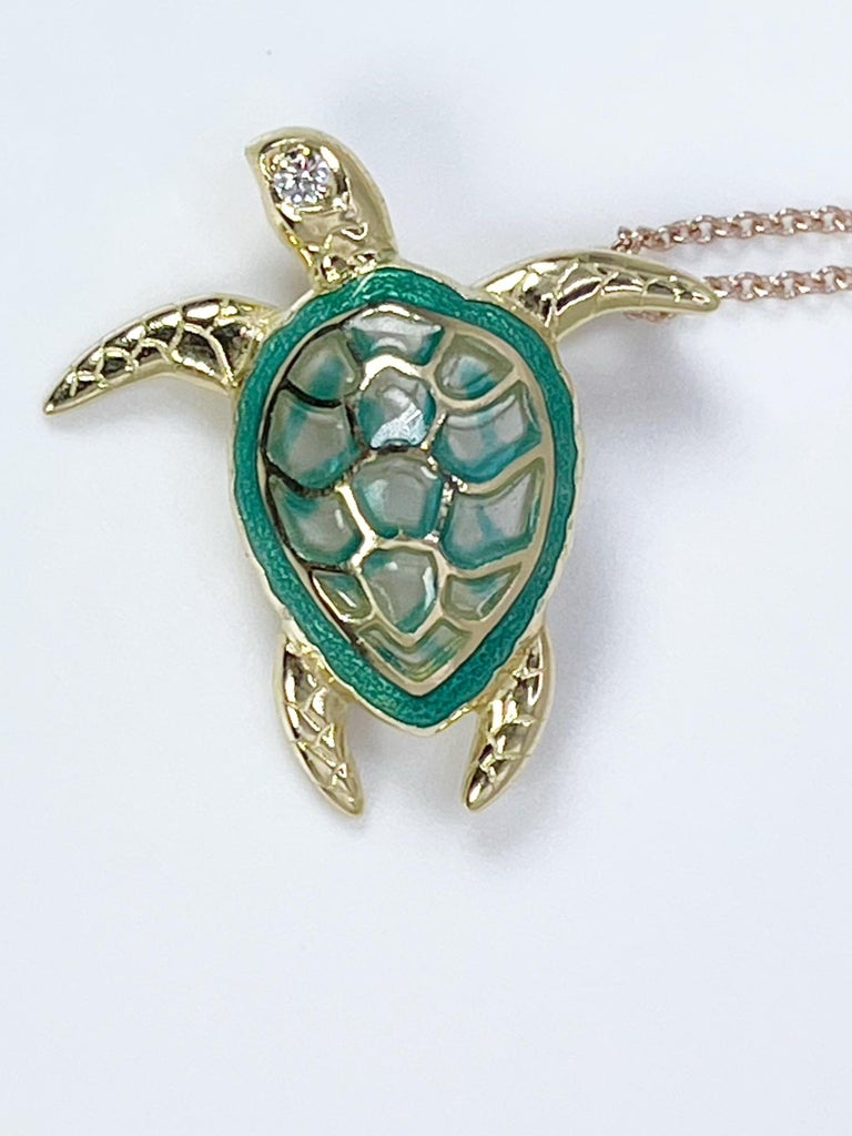Large Sea Turtle Pendant Vitreous Enamel and Diamond Pendant 18KT Gold ...