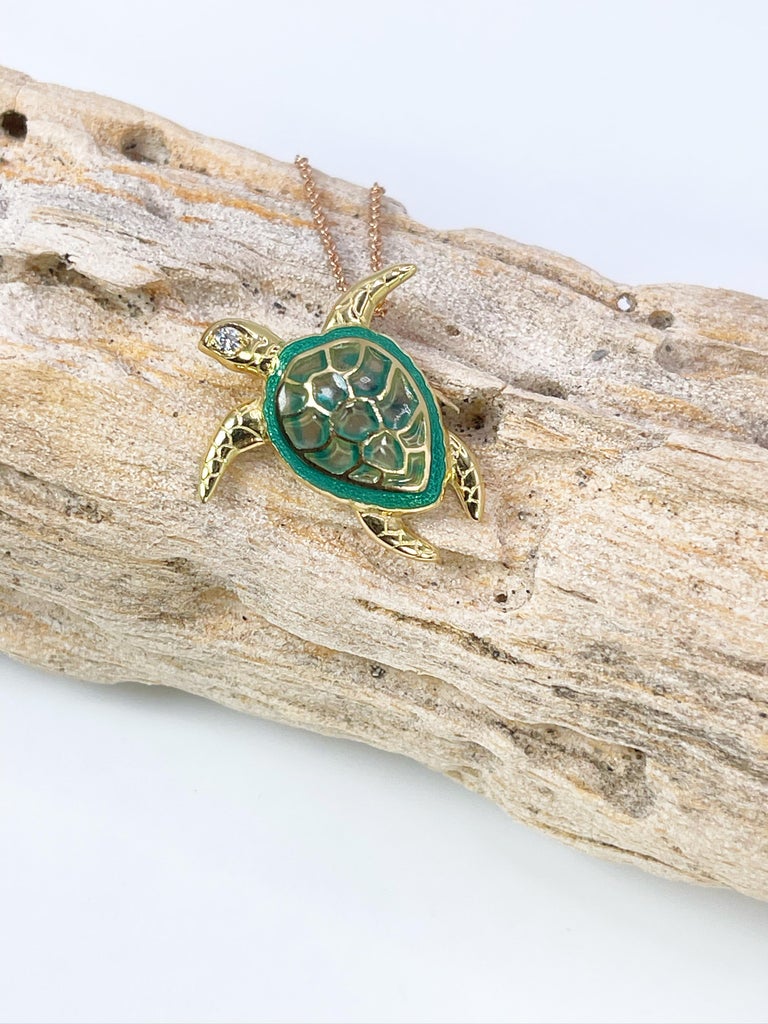 Large Sea Turtle Pendant Vitreous Enamel and Diamond Pendant 18KT Gold ...