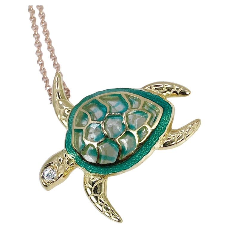 Large Sea Turtle Pendant Vitreous Enamel and Diamond Pendant 18KT Gold ...