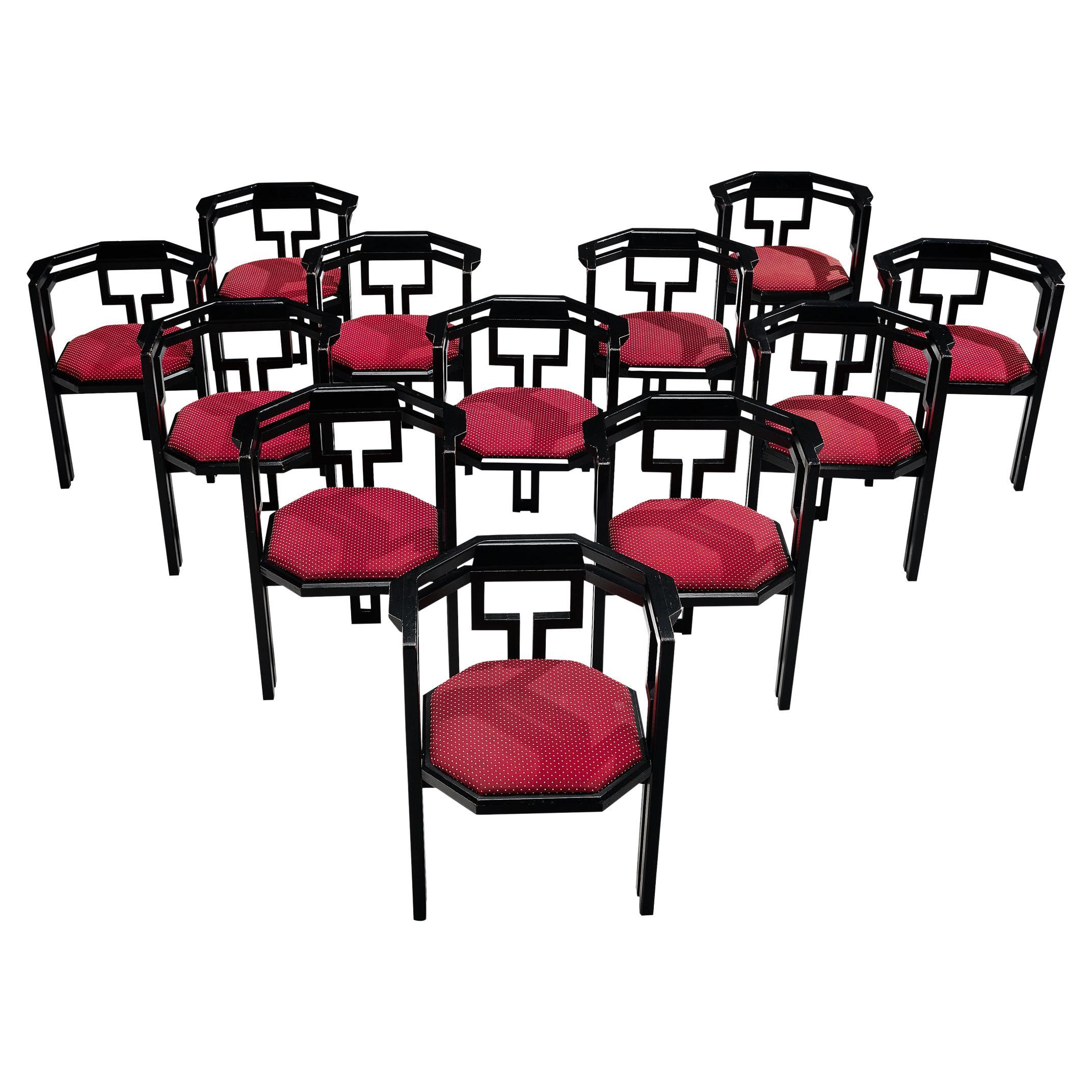 Set of Twelve Italian Dining Chairs in Oak and Vibrant Red Upholstery ...