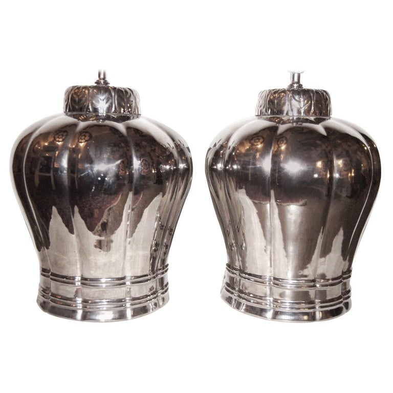 Large Silver Glazed Porcelain Table Lamps For Sale at 1stDibs