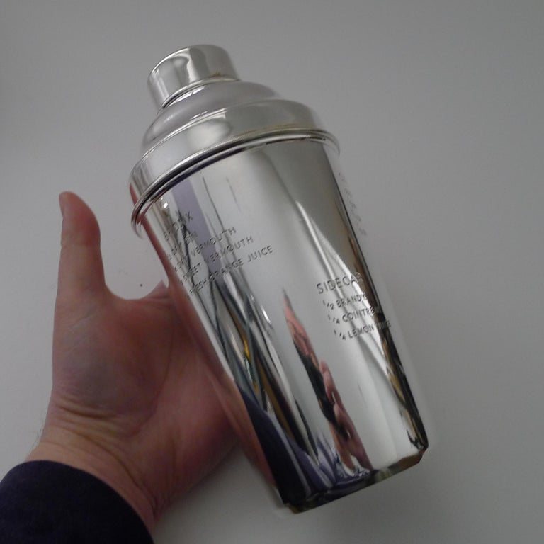 Large Silver Plated Cocktail Shaker with Engraved Recipes For Sale at ...