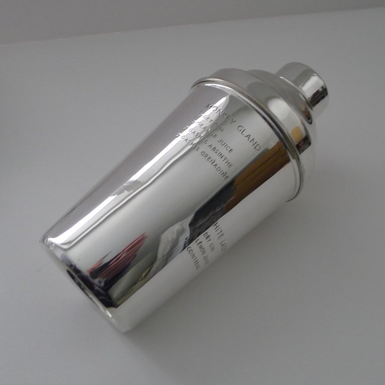Large Silver Plated Cocktail Shaker with Engraved Recipes For Sale at ...