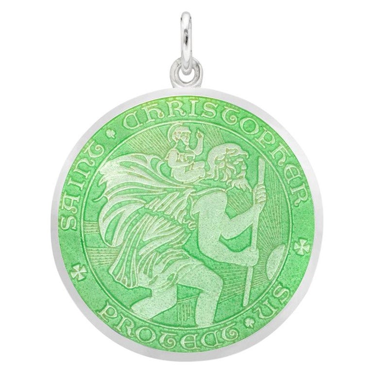 Large Silver St Christopher Medal with Light Green Enamel For Sale at ...