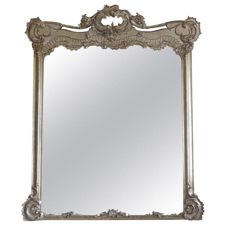 Large Silver Tone French Rococo Style Wall Mirror For Sale at 1stDibs